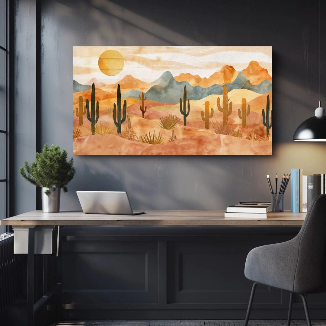 Desert Boho Landscape Cacti Canvas Painting, Framed Print, Nature Wall ...