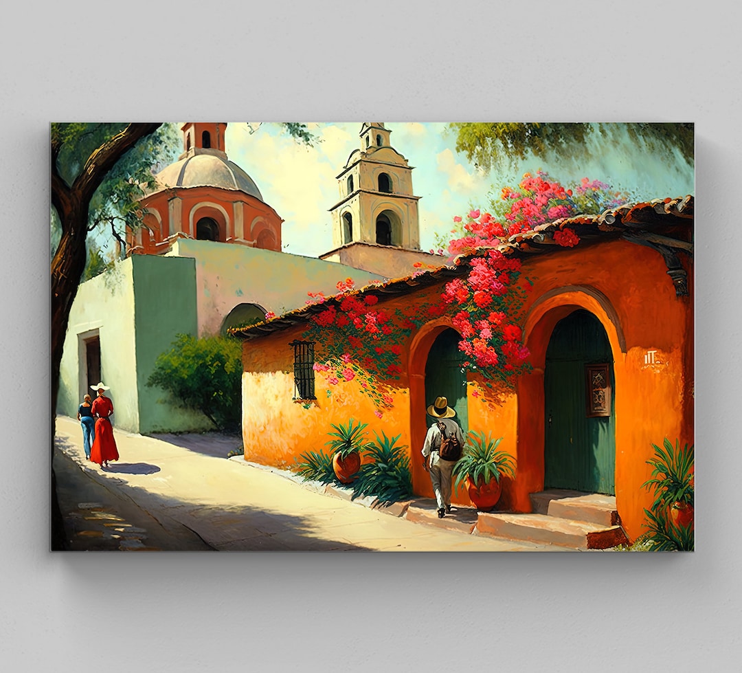 Mexican Village Landscape Painting, Vibrant Artwork for Home Decor ...