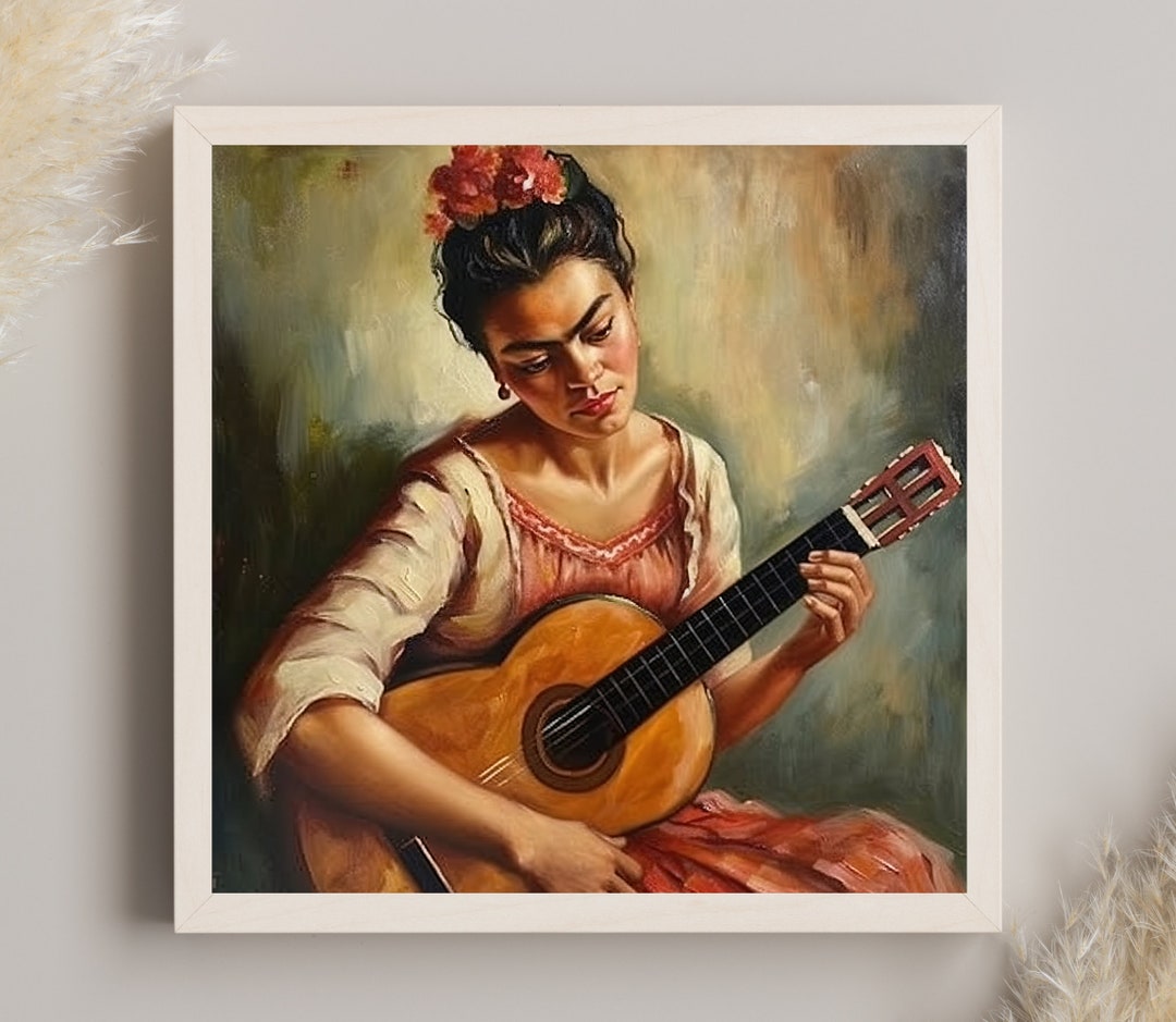 Frida Kahlo Playing Guitar Oil Painting, Mexican Wall Art, Mexican Decor, Mexican Painting ...