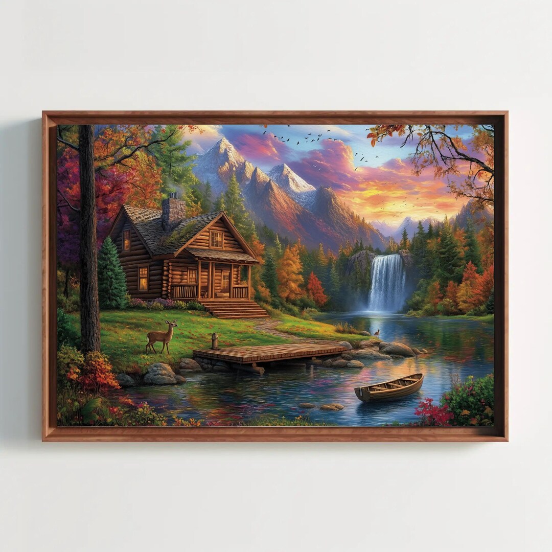 Rustic Cabin & Autumn Forest Canvas Print, Deer Wildlife Painting, Cozy ...