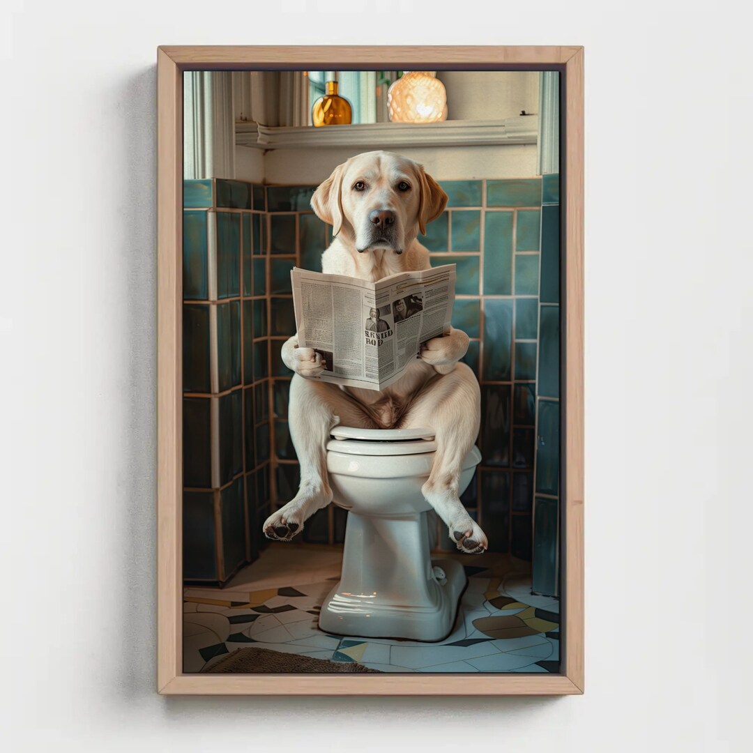 Labrador Retriever Sitting on Toilet Reading Newspaper Canvas Art ...