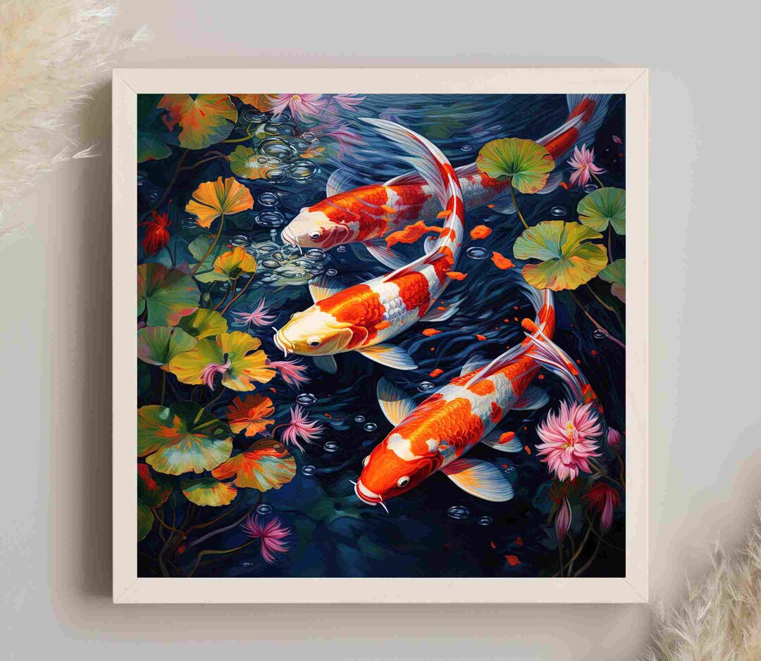 Koi Fish Pond Oil Painting, Koi Fish Pond Large Canvas Print, Colorful ...