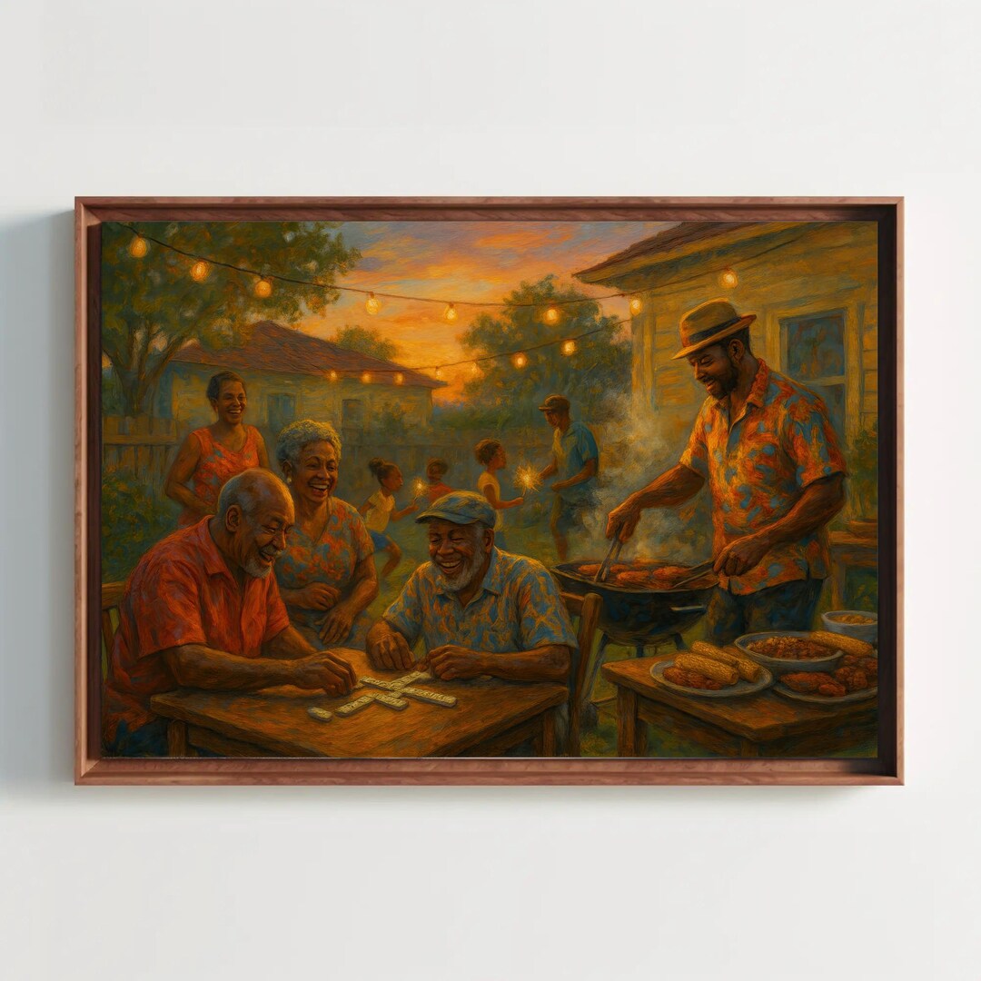 Black Family Barbecue Canvas Painting Summer Evening Wall Art for Dining Room Kitchen or ...