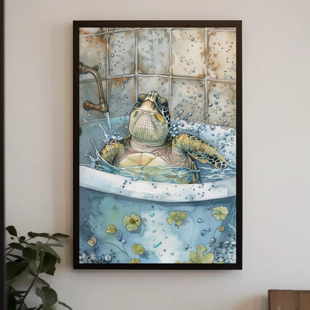 Whimsical Sea Turtle in Bathtub Canvas Print - Watercolor Animal Art ...