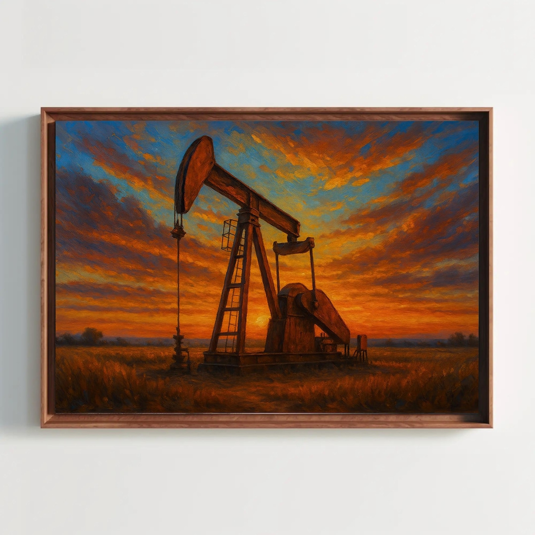 Texas Oil Rig Sunset Canvas Print Pumpjack Landscape Painting Western ...