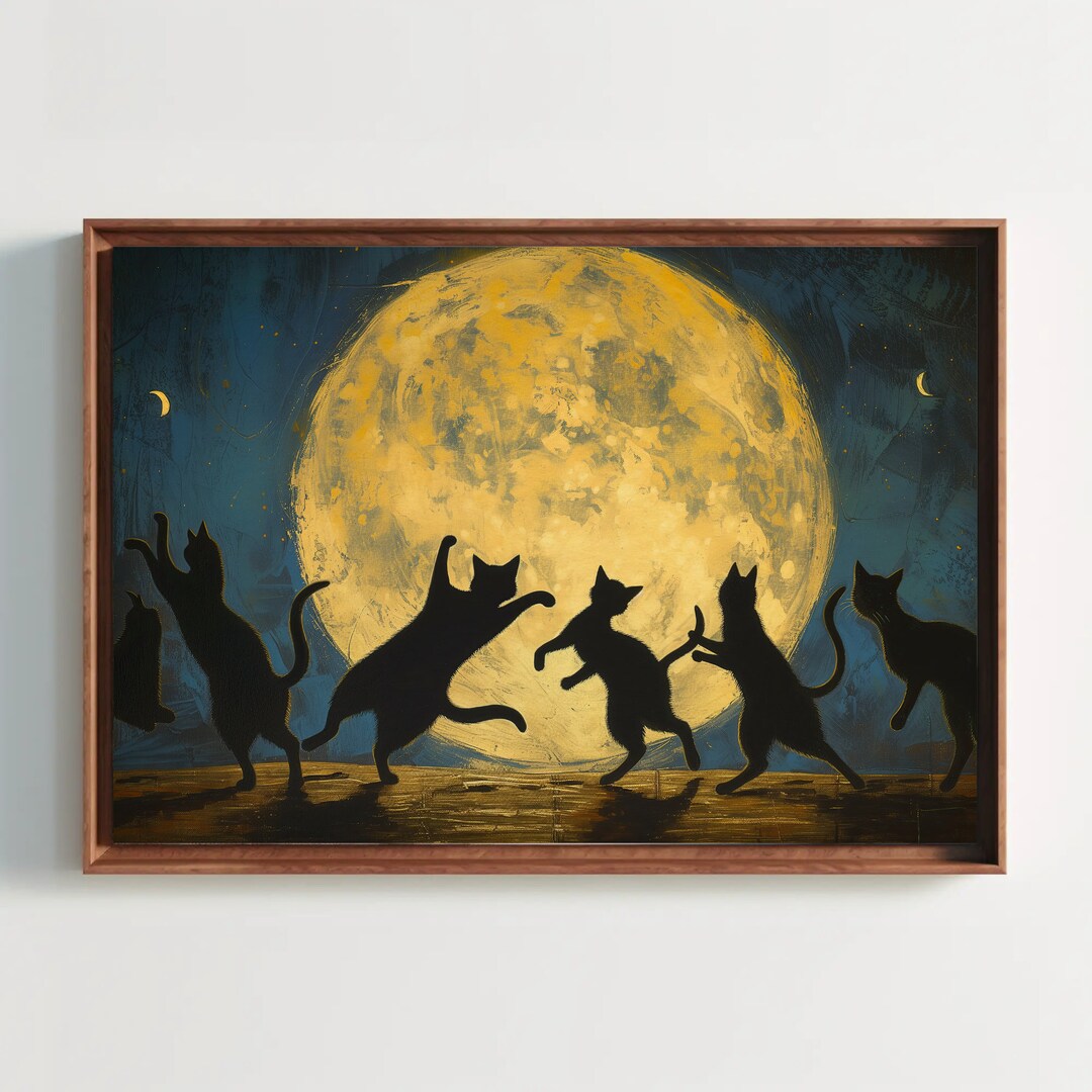 Full Moon Cat Party Funny Cat Wall Art, Funny Animal Canvas Print, Over ...