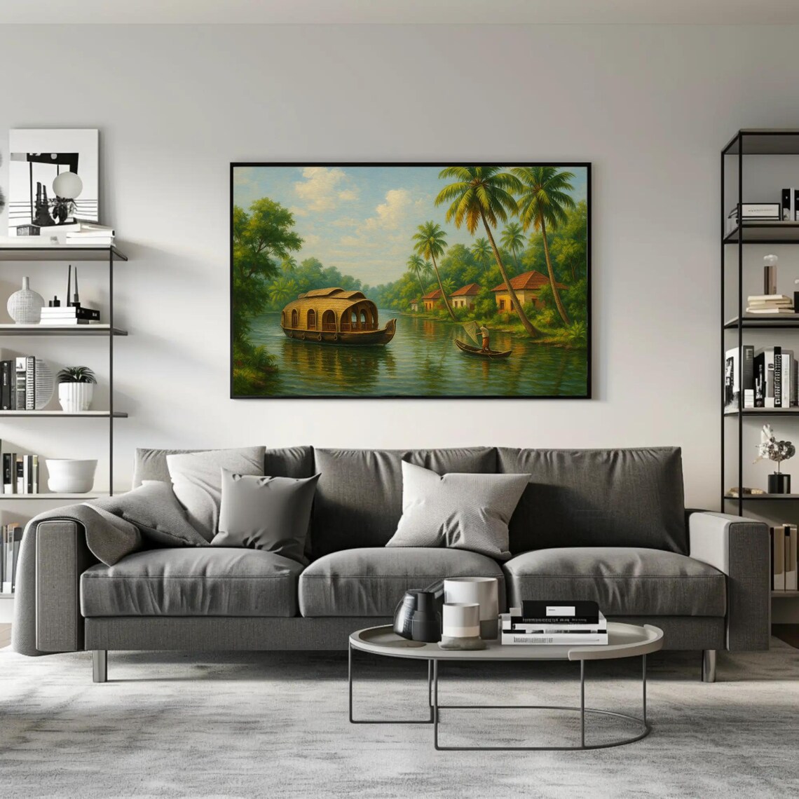 Kerala Backwaters Canvas Print Tropical Boat Landscape Painting Indian ...