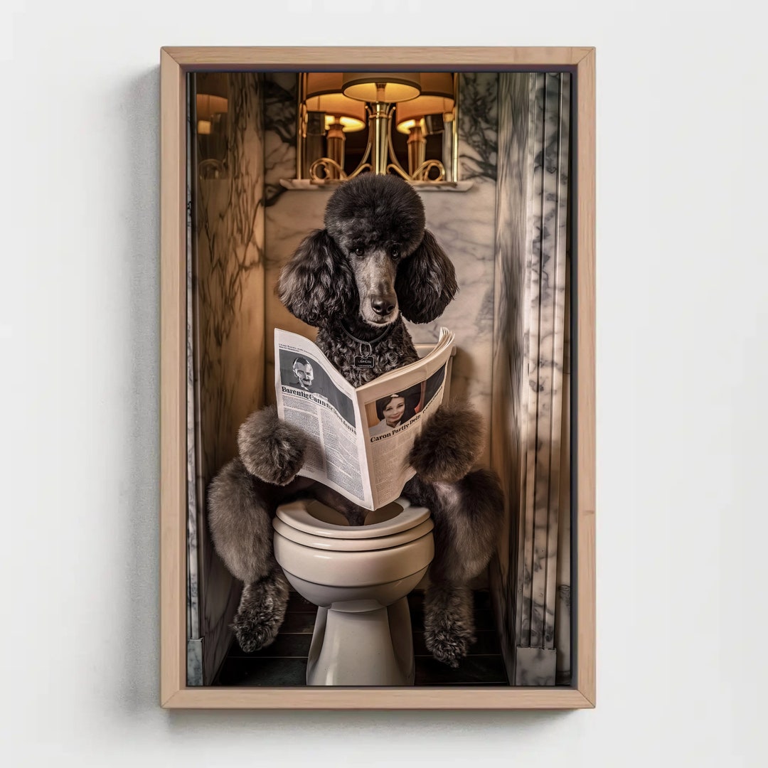 Black Poodle Dog Toilet Humor Wall Art - Dog Reading Newspaper - Funny ...