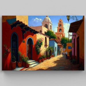 Mexican Village Scene Art, Colorful Wall Art for Living Room, Ethnic ...