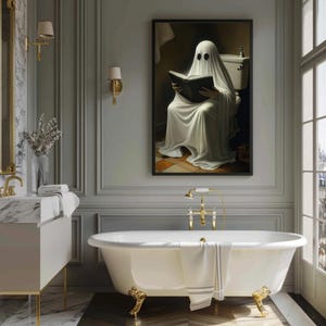 Ghost Reading Newspaper on Toilet Canvas, Funny Bathroom Decor, Toilet ...