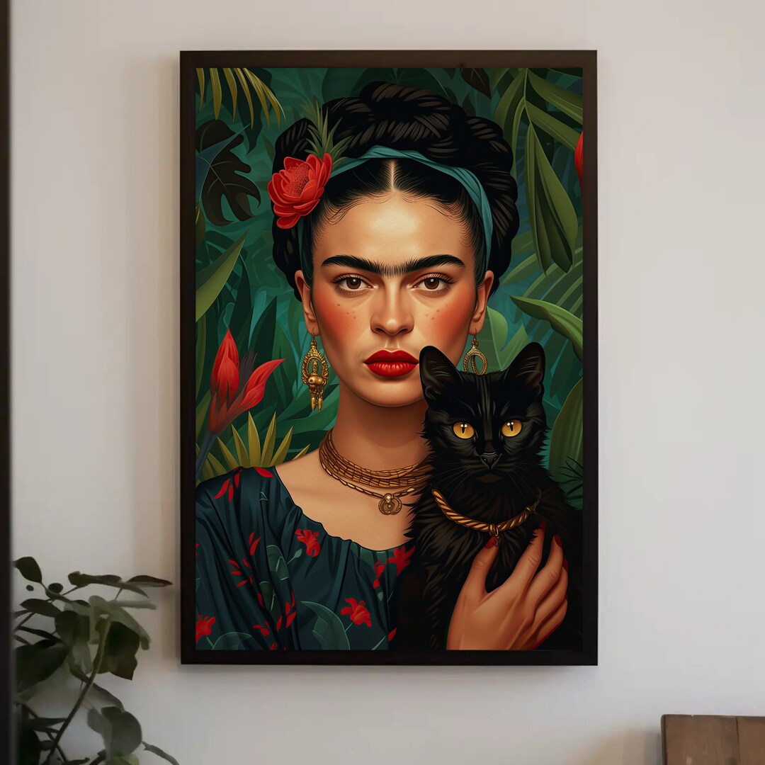 Frida Kahlo With Black Cat Portrait Print, Frida Kahlo Wall Art ...