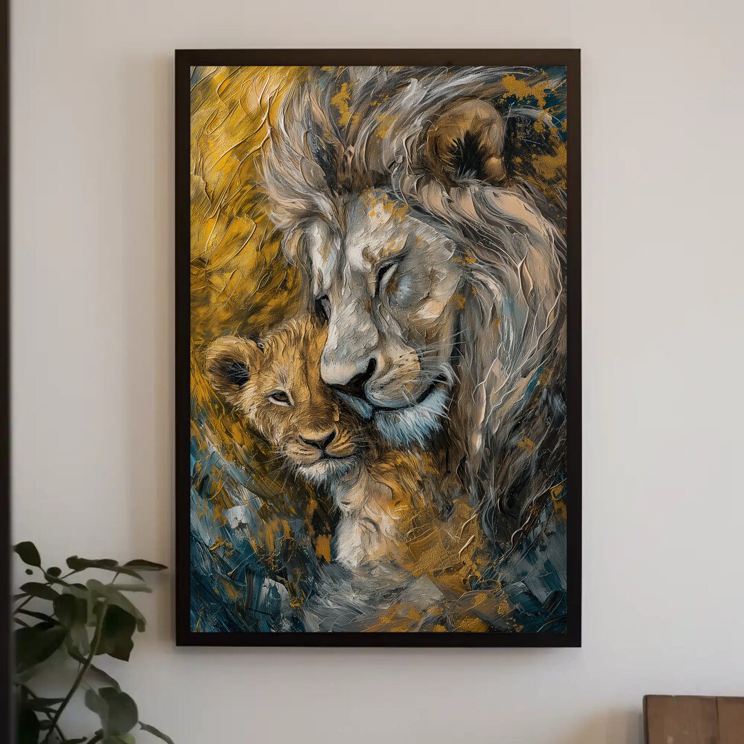 Father Lion With His Cub Canvas Print, Framed Poster Lion Wall Art ...