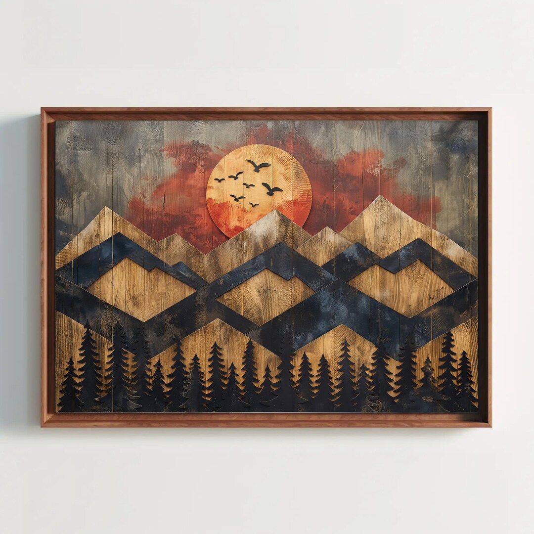 Rustic Sunset Mountain Wooden Effect Canvas Print | Nature-inspired ...
