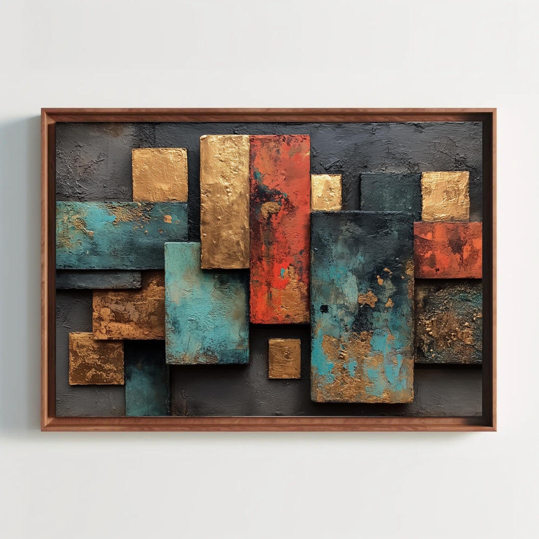 Textured 3D Abstract Canvas Print, Gold Teal Rust Geometric Wall Art - Etsy