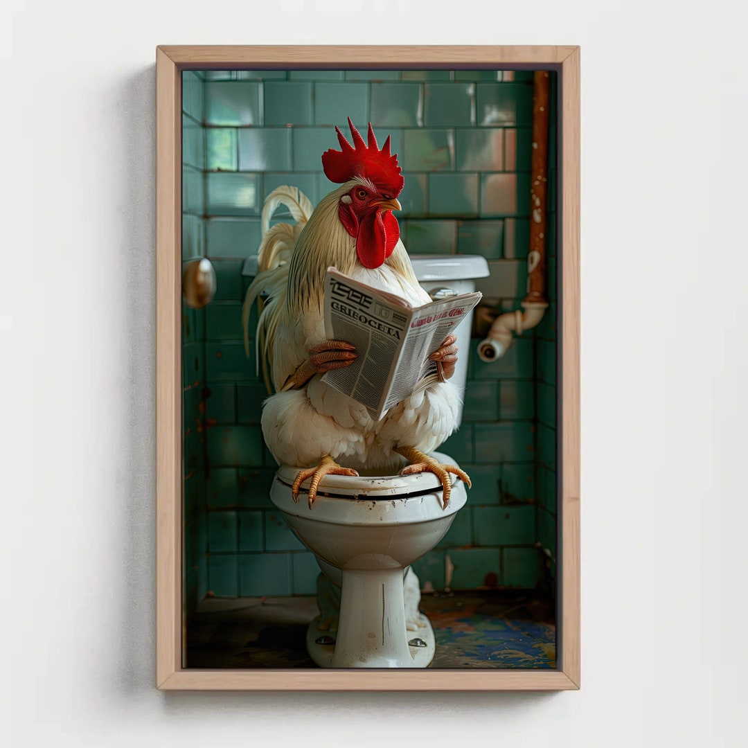 Rooster Sitting on Toilet Reading Newspaper Canvas Print, Toilet Humor ...