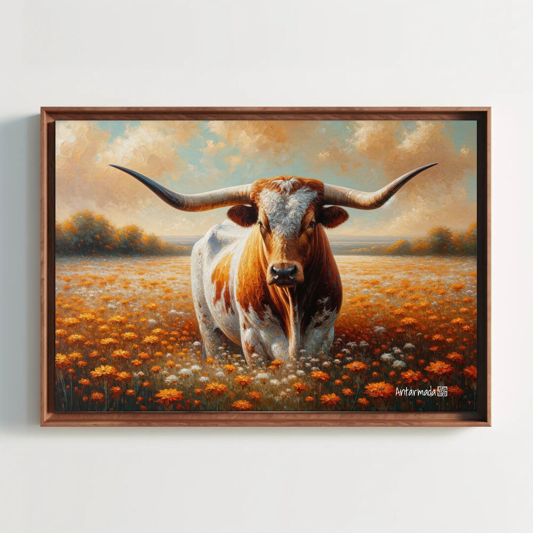 Golden Longhorn in Wildflower Meadows Oil Painting Print, Texas Long ...