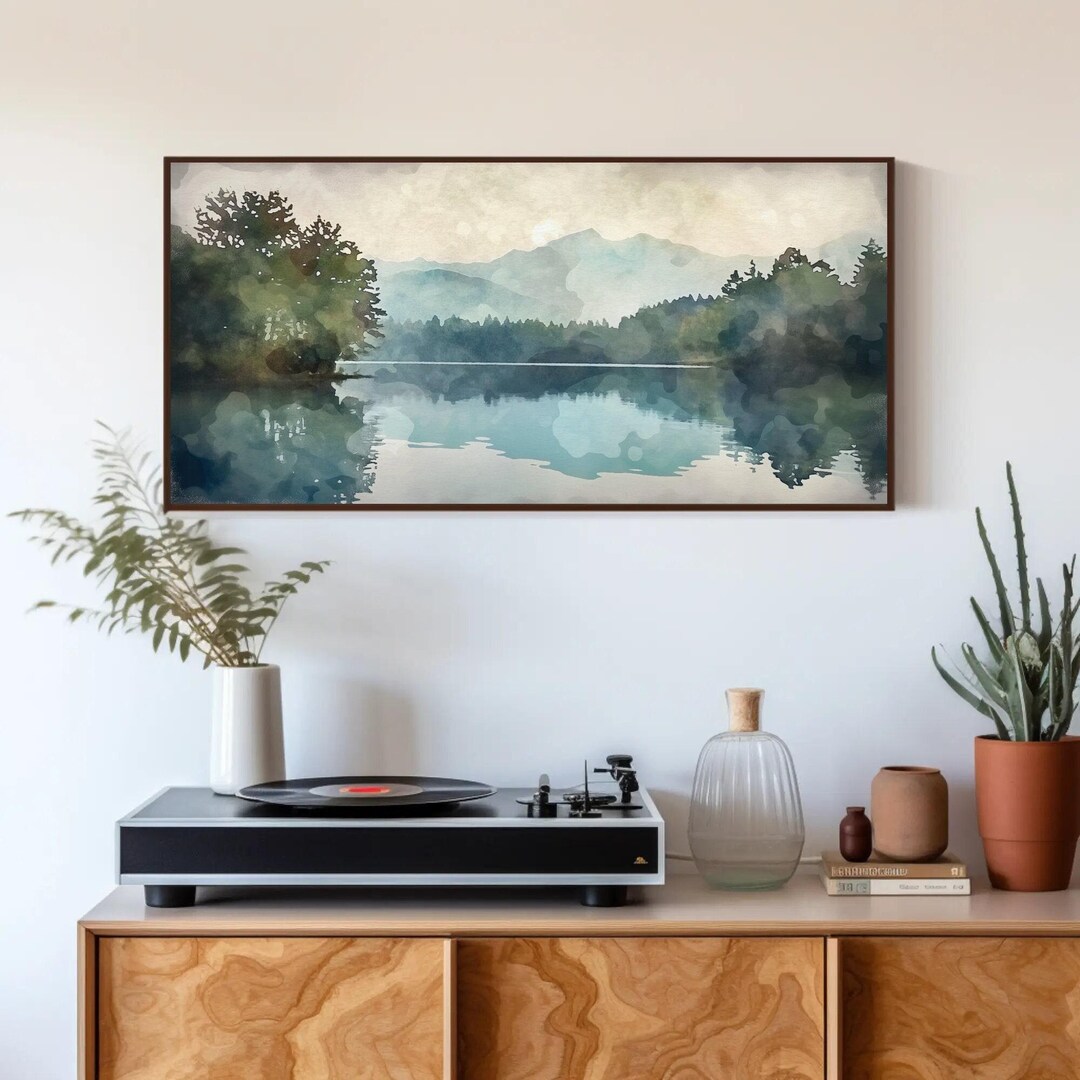 Serene Blue Lake Reflection Watercolor Canvas Painting, Framed Print ...