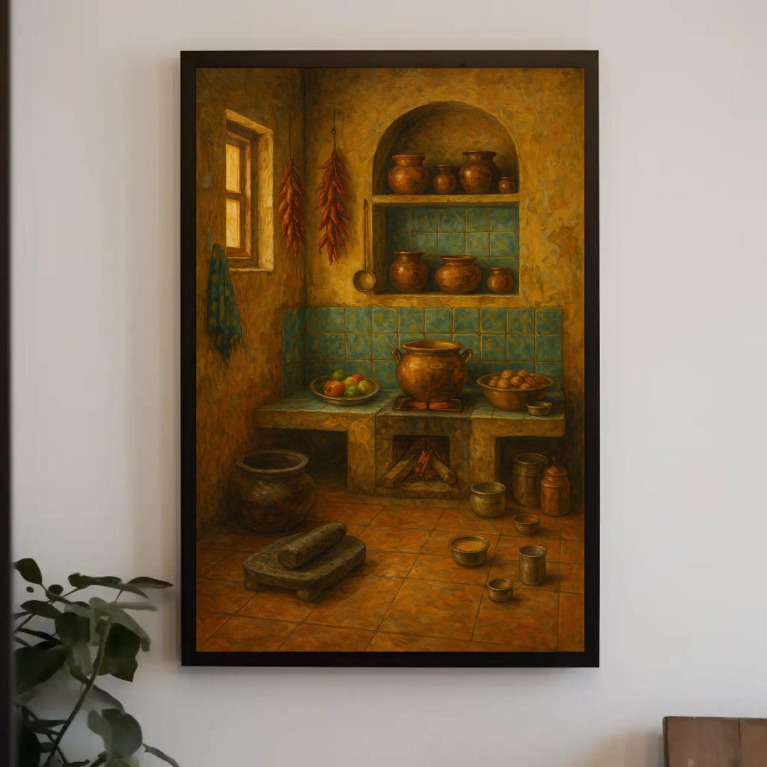 Rustic Indian Village Kitchen Wall Art | Traditional Clay Pots and Blue ...