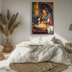 Indian Kitchen Wall Art Canvas, Traditional Indian Woman Making Roti ...