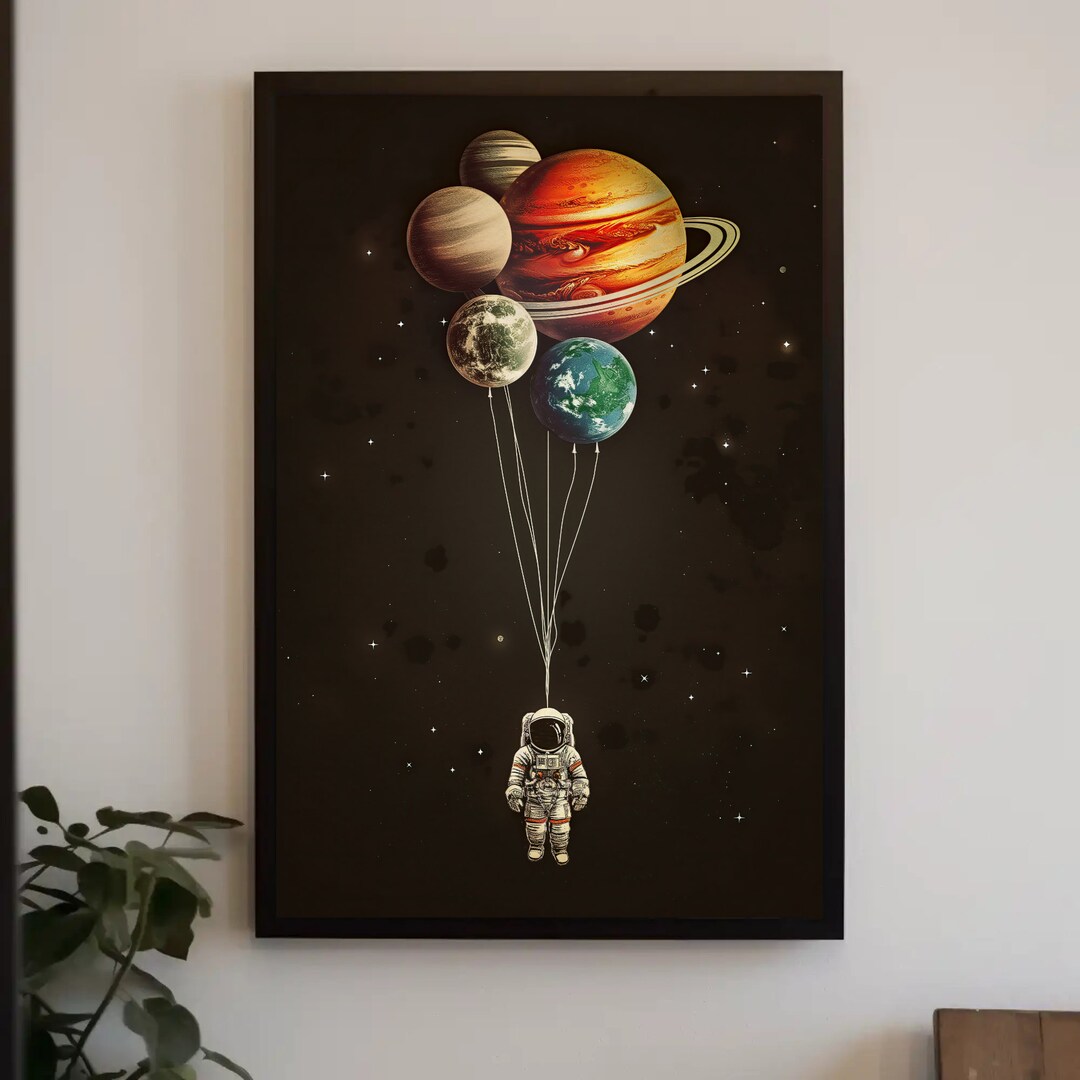 Astronaut Graffiti With Balloon Planets Canvas Art, Framed Print ...