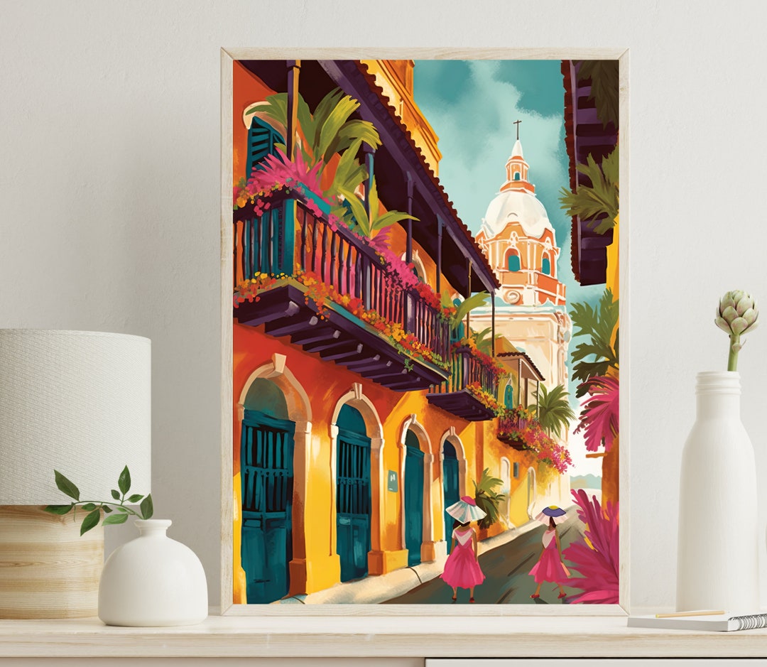 Caribbean Art Deco Poster - Colombia Canvas Art - Cartagena Wall Decor ...