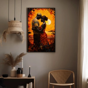 Retro Sunset Black Couple Wall Art Poster, African Landscape Bakcground, Black Couple Art, Black ...