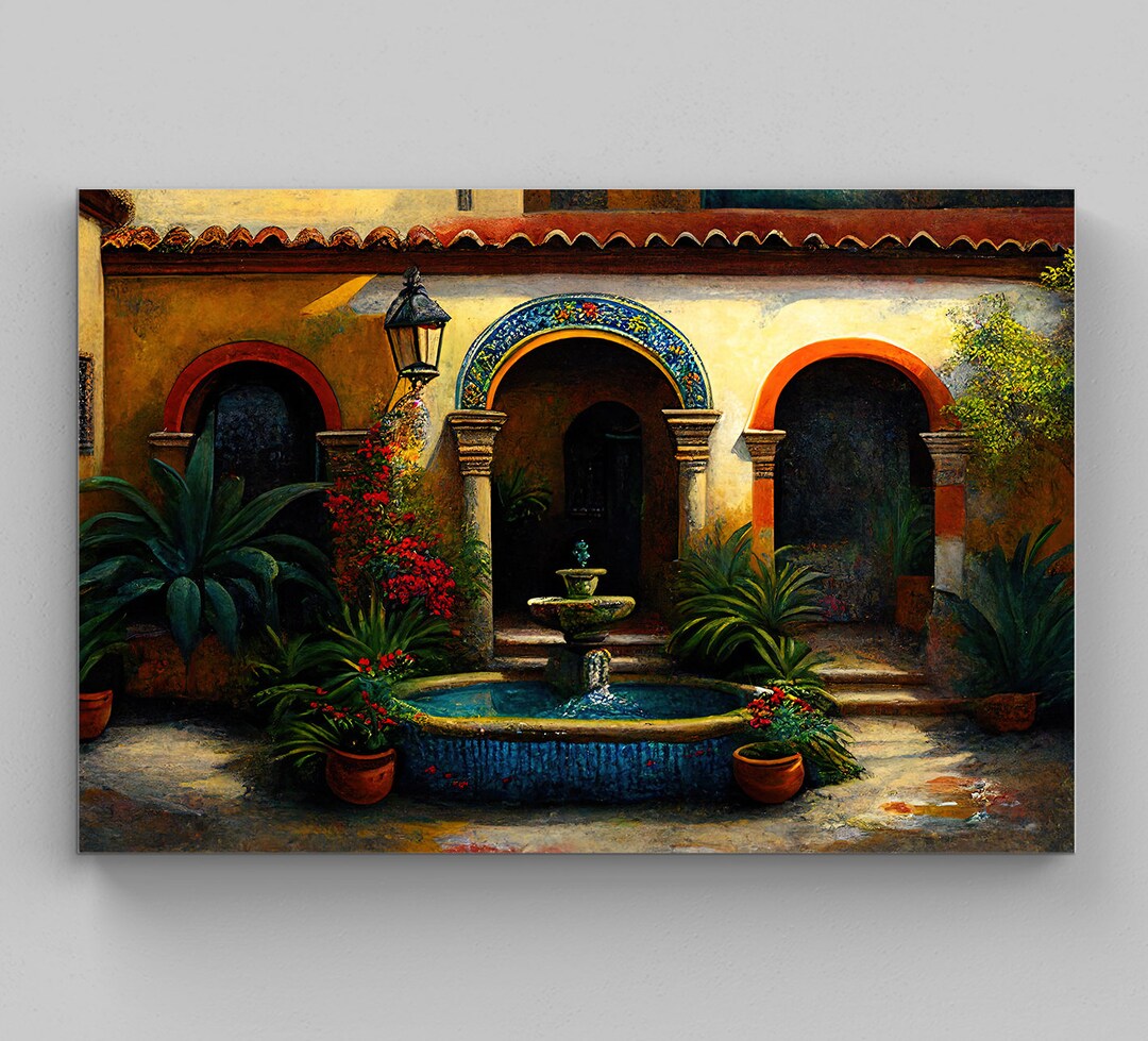 Mexican Courtyard Art, Mexican Garden Oil Painting, Wall Art Decor ...