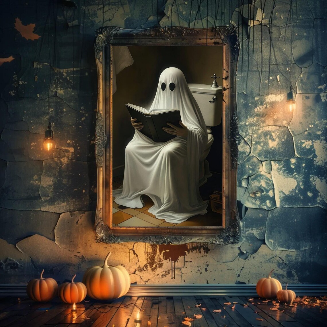 Ghost Reading Newspaper Canvas, Funny Halloween Bathroom Art, Ready to ...