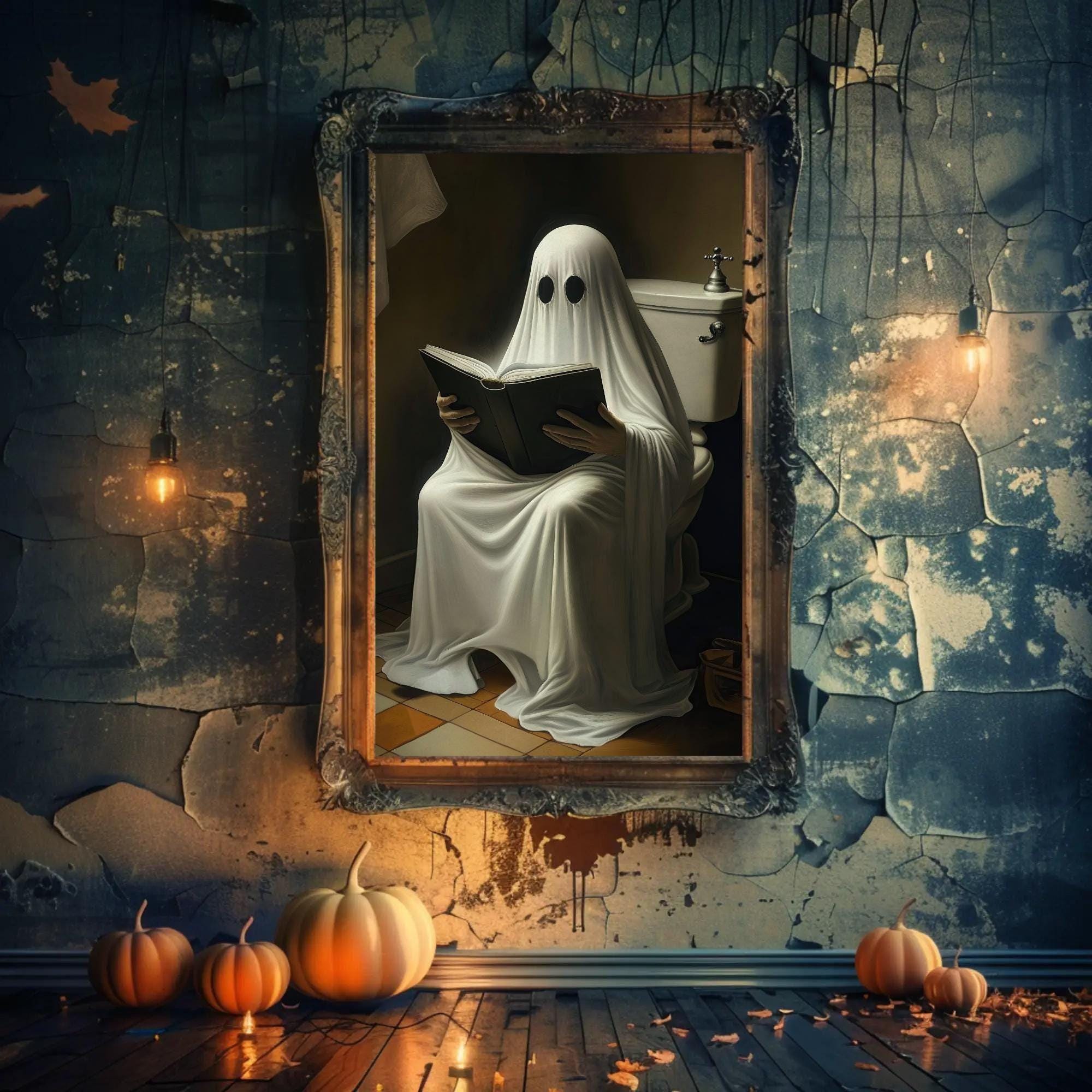 Ghost Reading Newspaper Canvas, Funny Halloween Bathroom Art, Ready to ...