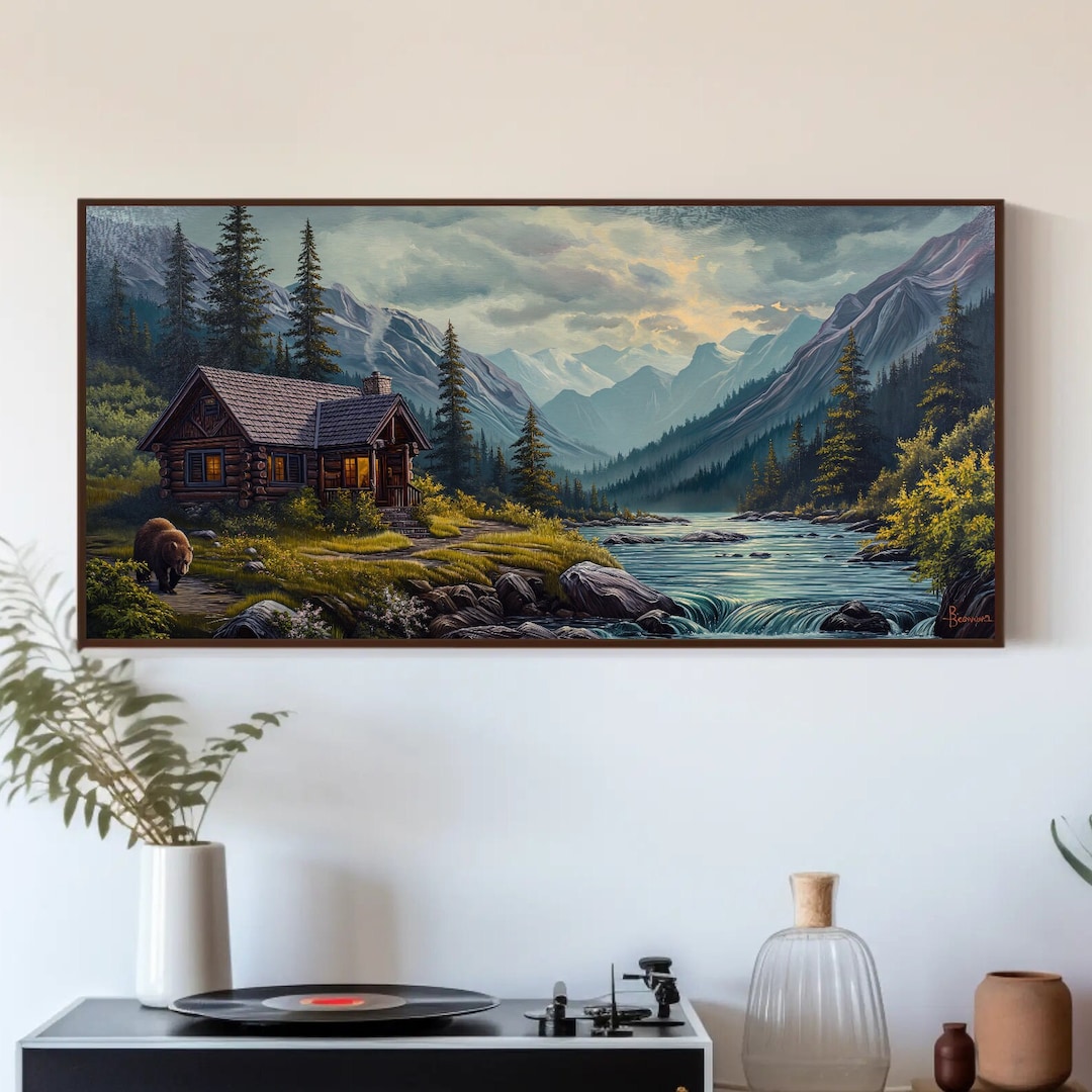 Cabin Wall Decor Painting Bear Mountain River Scenery Large Wall Art ...