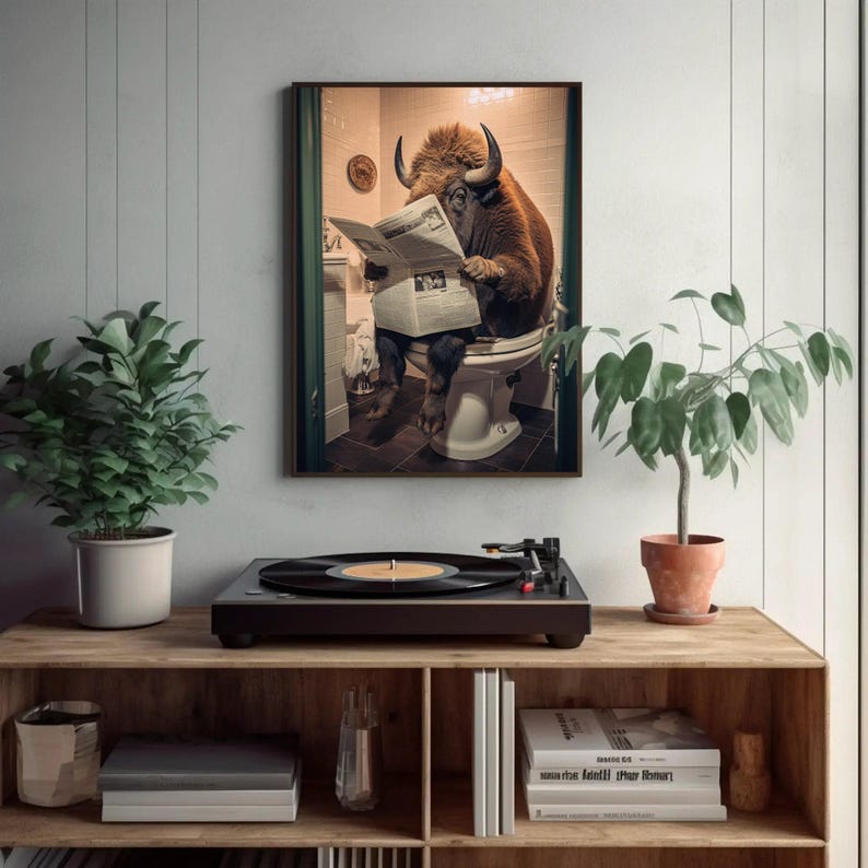 Funny Bison Bathroom Art | Newspaper Toilet Canvas Print - Etsy
