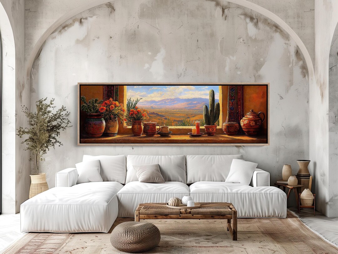 Mexican Window With Cacti and Vases Painting, Panoramic Canvas Print ...
