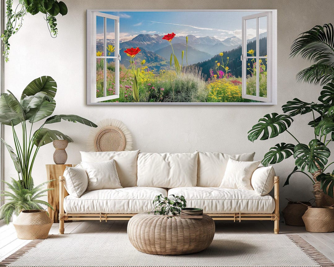 Mountain and Flowers 3D Faux Window View - Scenic Nature Canvas Art ...