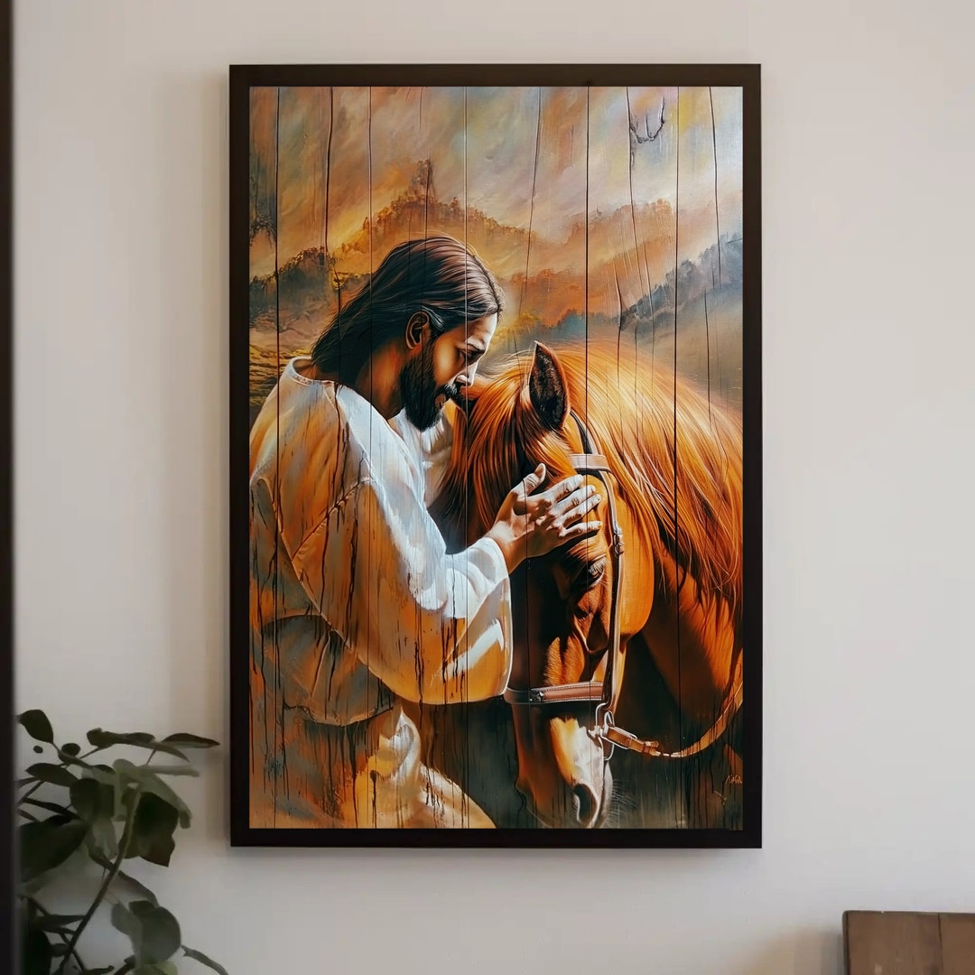 Jesus Christ Petting a Horse Canvas Print - Rustic Wood Effect Wall Art - Christian Decor ...
