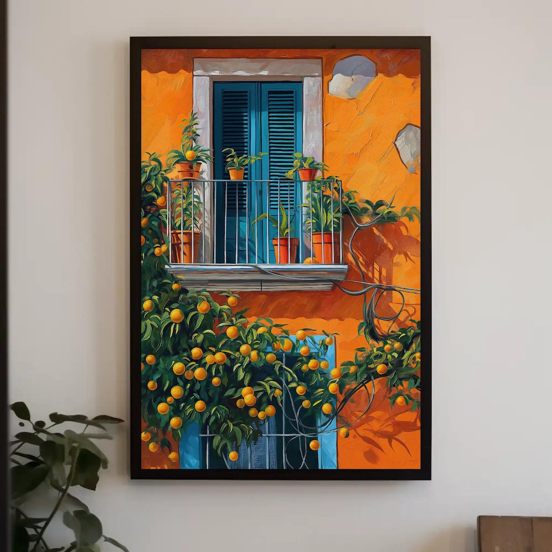 Mediterranean Balcony Wall Art - Orange Tree Window Wall Art - Latin ...