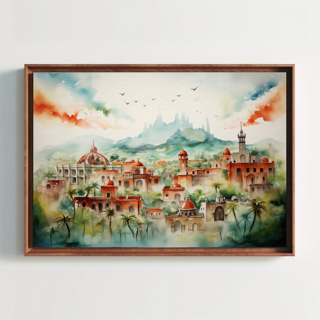 Mexican City Abstract Watercolor Painting, Modern Mexican Wall Art ...