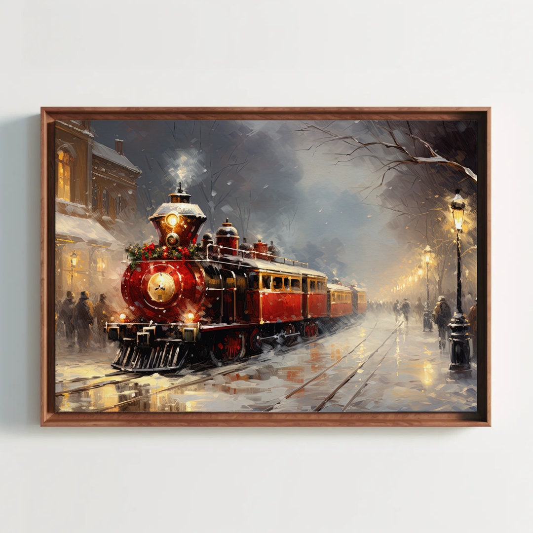 Red Christmas Train Painting, Above Fireplace Canvas Decor, Vintage ...