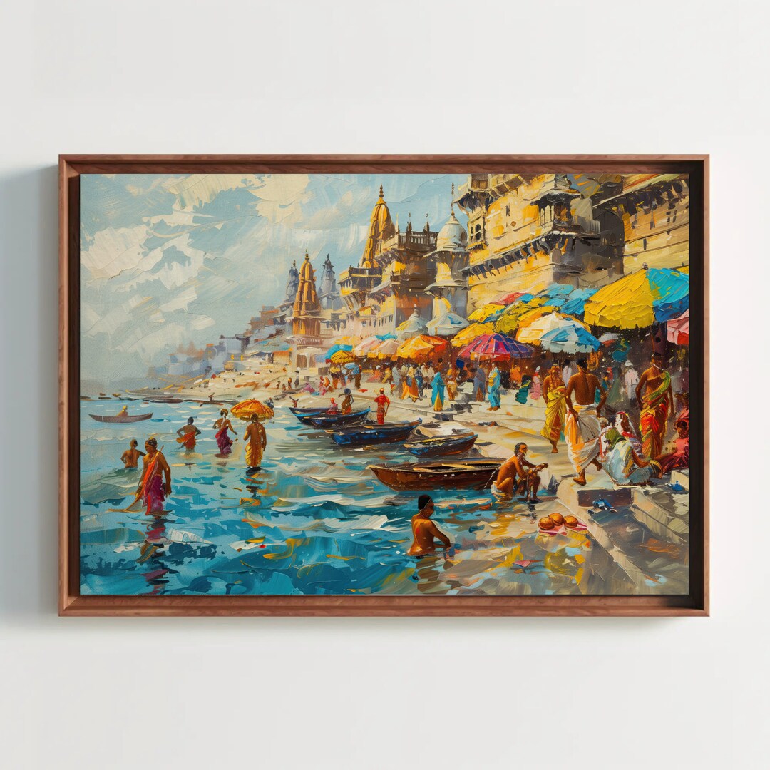 Banaras Ghat Print, Varanasi Wall Art, Indian Painting, Framed Canvas ...