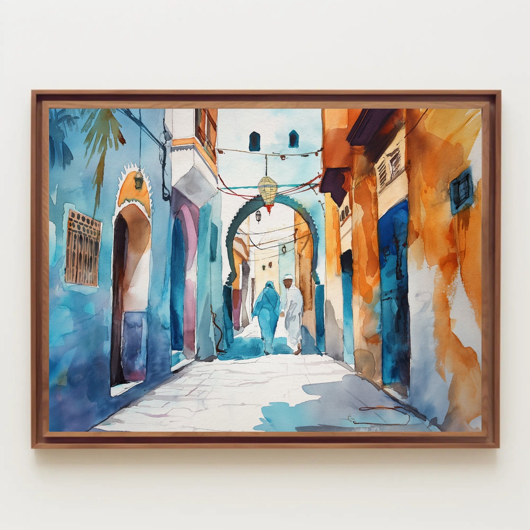 Moroccan Street Wall Art Watercolor Painting Canvas Print, Framed ...