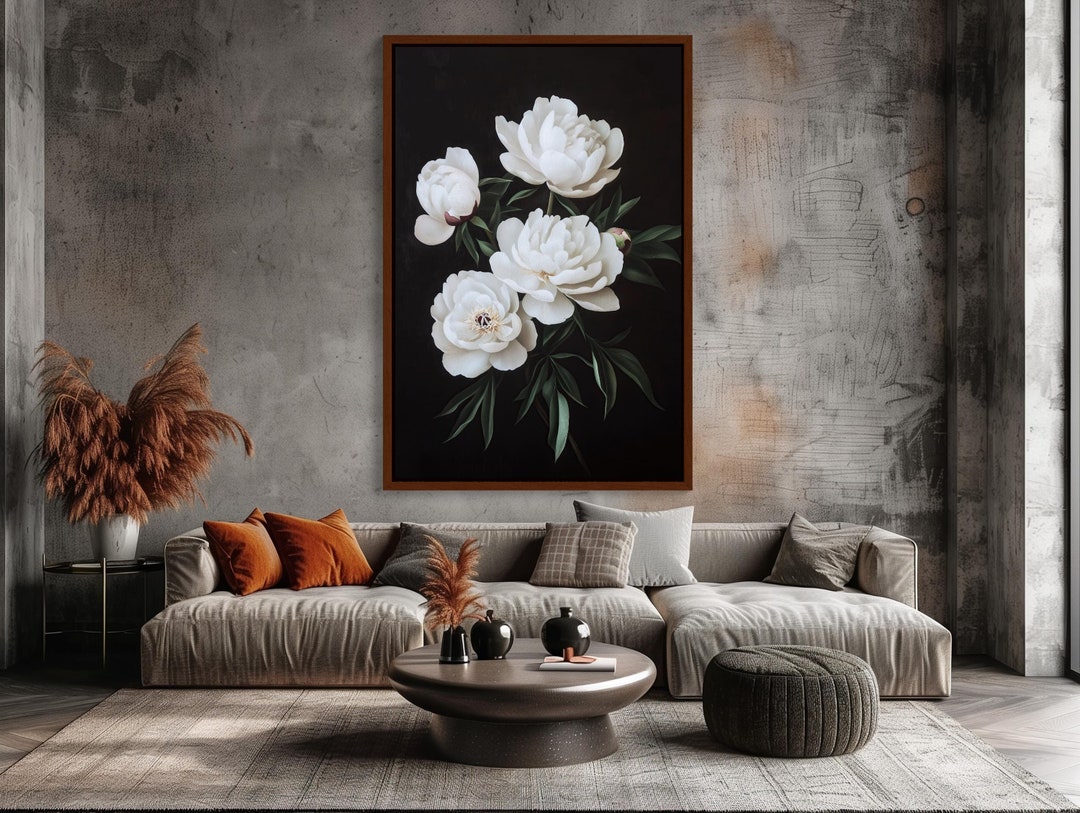 White Peonies on Matte Black Background Canvas Print - Elegant Floral ...