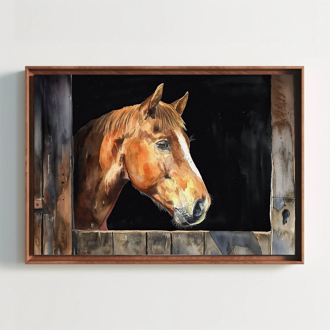 Brown Horse in Stable Painting, Canvas Print, Framed Poster Art, Rustic ...