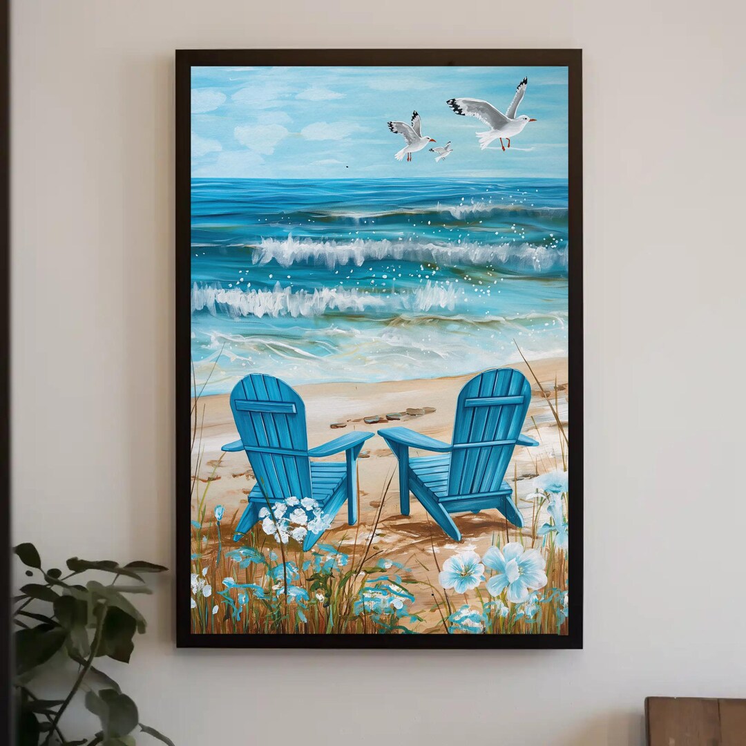 Beach Scene Canvas With Seagulls and Sandy Beach | Blue Coastal Wall ...