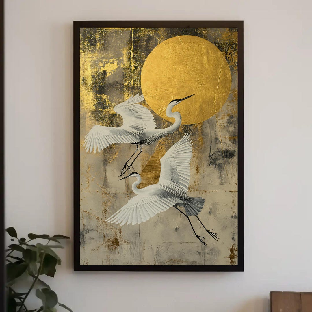 Two Herons Golden Moon Sky Canvas Print, Extra Large Elegant Bird Wall Art, Painting for Japandi ...