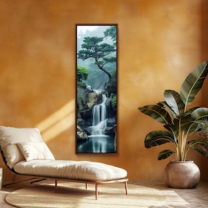 Zen Waterfall Long Vertical Canvas, Tall Narrow Tranquil Wall Art ...