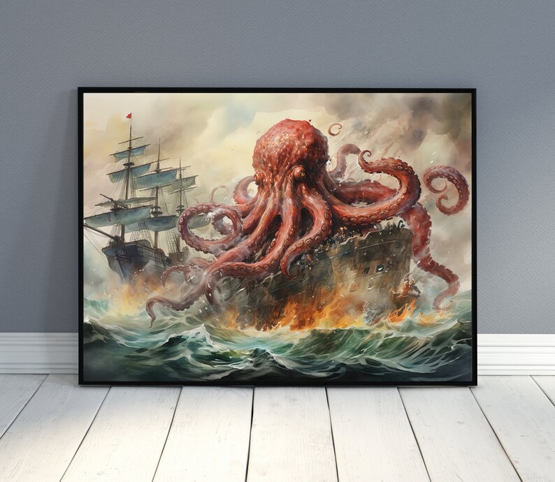 Kraken Destroying a Ship Watercolor Art Kraken Framed Poster - Etsy
