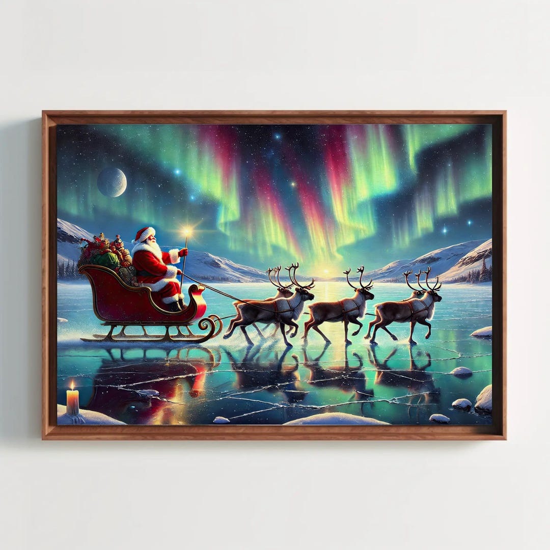 Santa Sleigh Ride Under Northern Lights, Christmas Reindeer Art, Winter ...