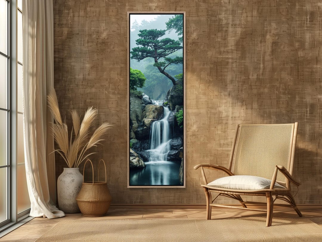 Zen Waterfall Long Vertical Canvas, Tall Narrow Tranquil Wall Art, Framed Nature Decor for ...