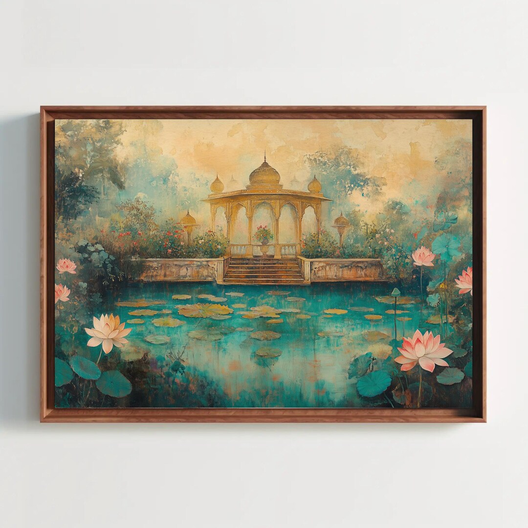 Golden Mughal Pavilion Canvas – Teal & Gold Indian Lotus Pond Painting ...