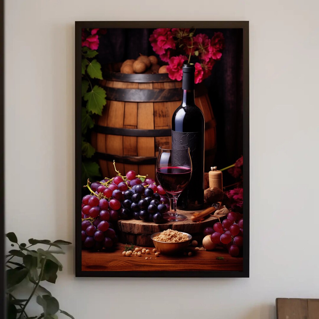 Red Wine and Barrel Canvas Painting, Framed Print, Perfect for Rustic ...