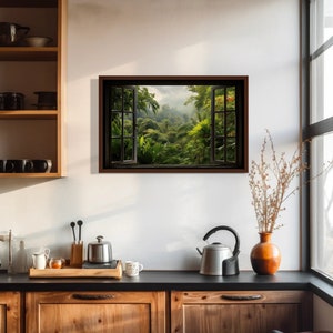 Tropical Jungle Faux Window Wall Art, Large Canvs Print, Green Trees ...